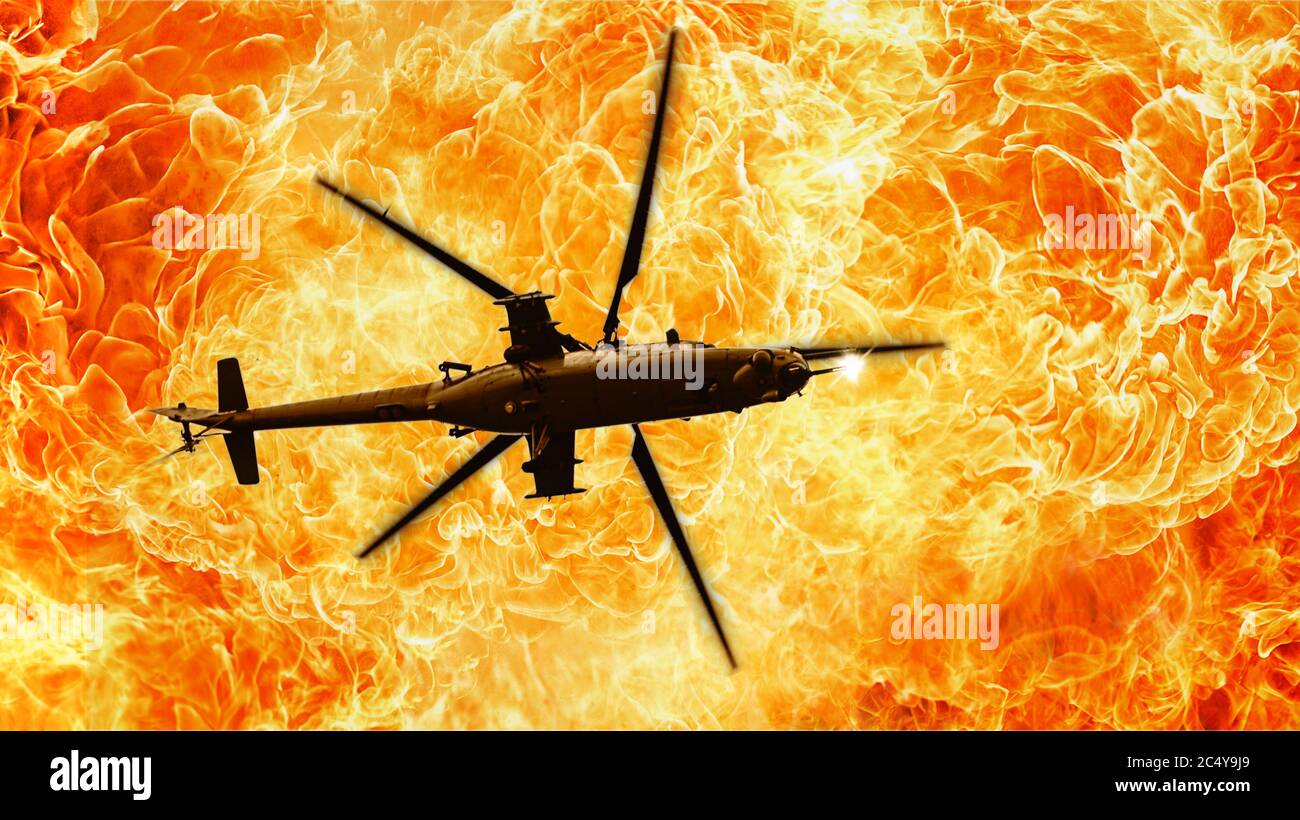 WAR. Helicopters on a fiery background, Fire flames Stock Photo - Alamy