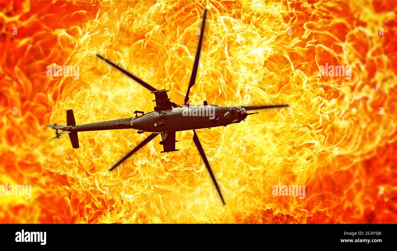 WAR. Helicopters on a fiery background, Fire flames Stock Photo - Alamy