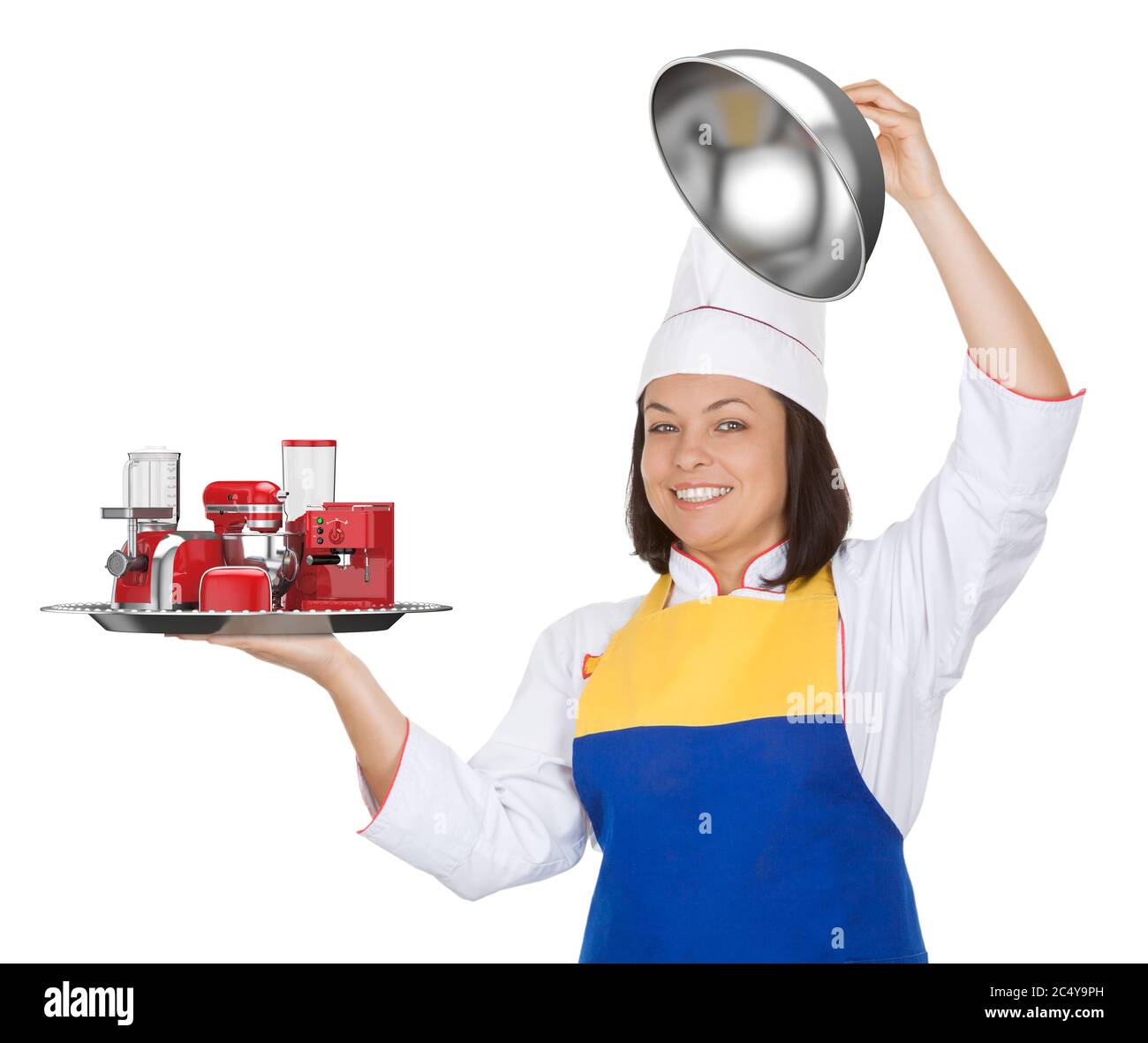 Kitchen Appliances Set. Beautiful Young Woman Chef with Red Blender ...