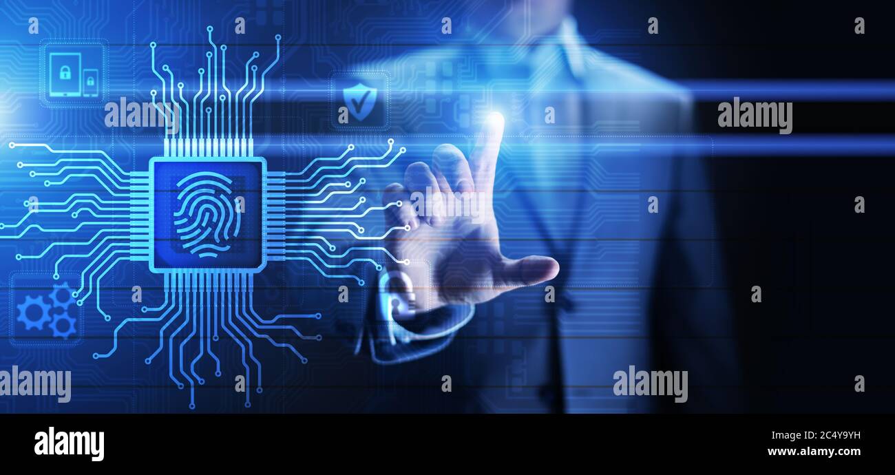 Fingerprint unlock cyber security data protection concept on virtual ...