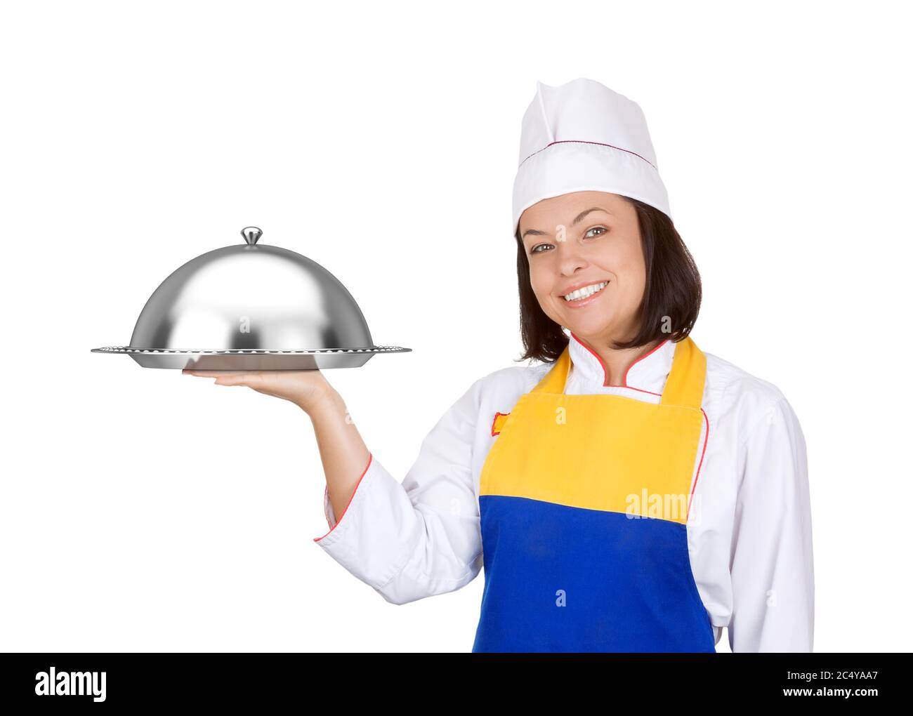 Beautiful Young Woman Chef with Restaraunt Cloche on a white background ...