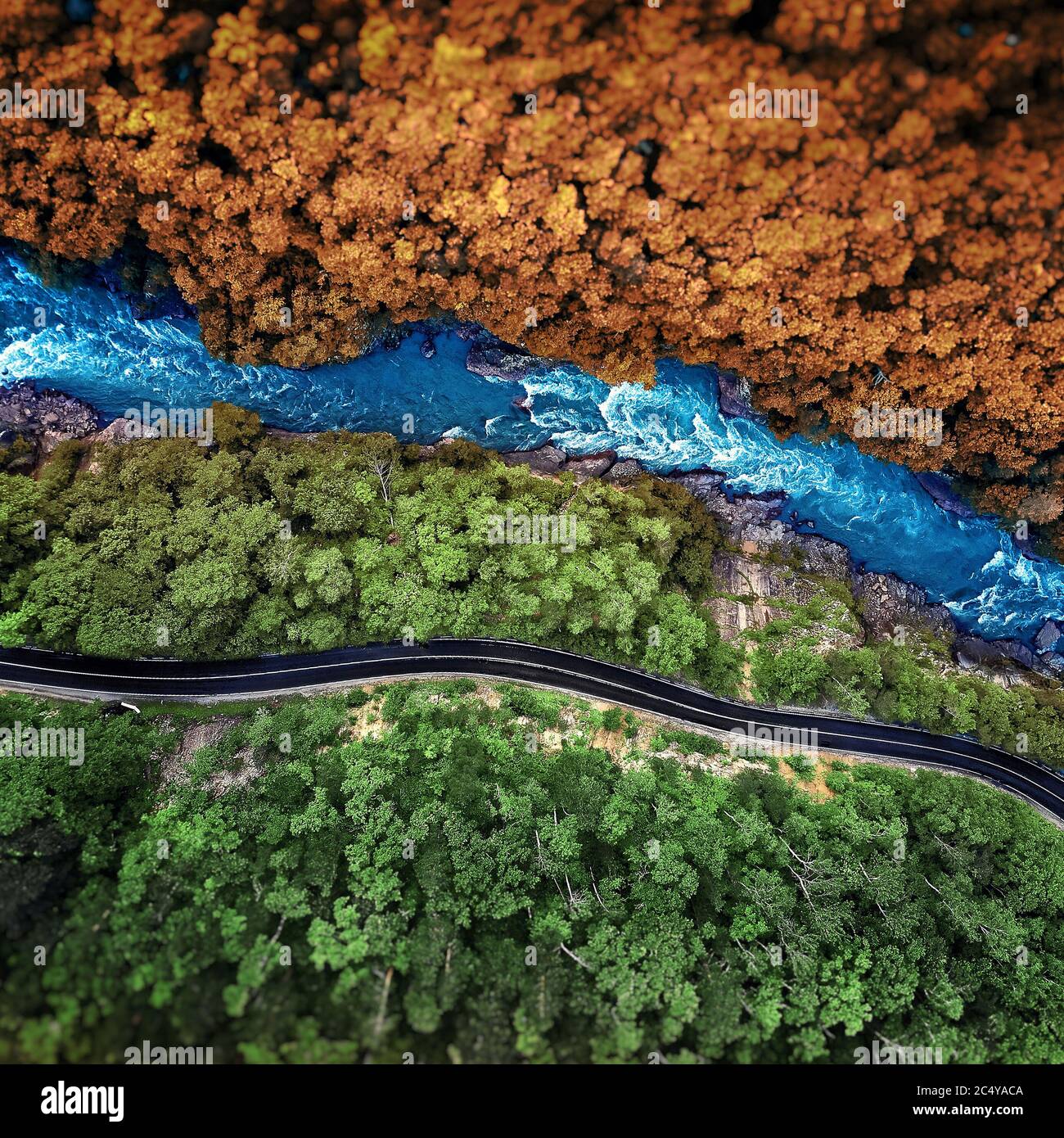 Aerial view of Mountain river and road. Mountain gorge. nature, top ...