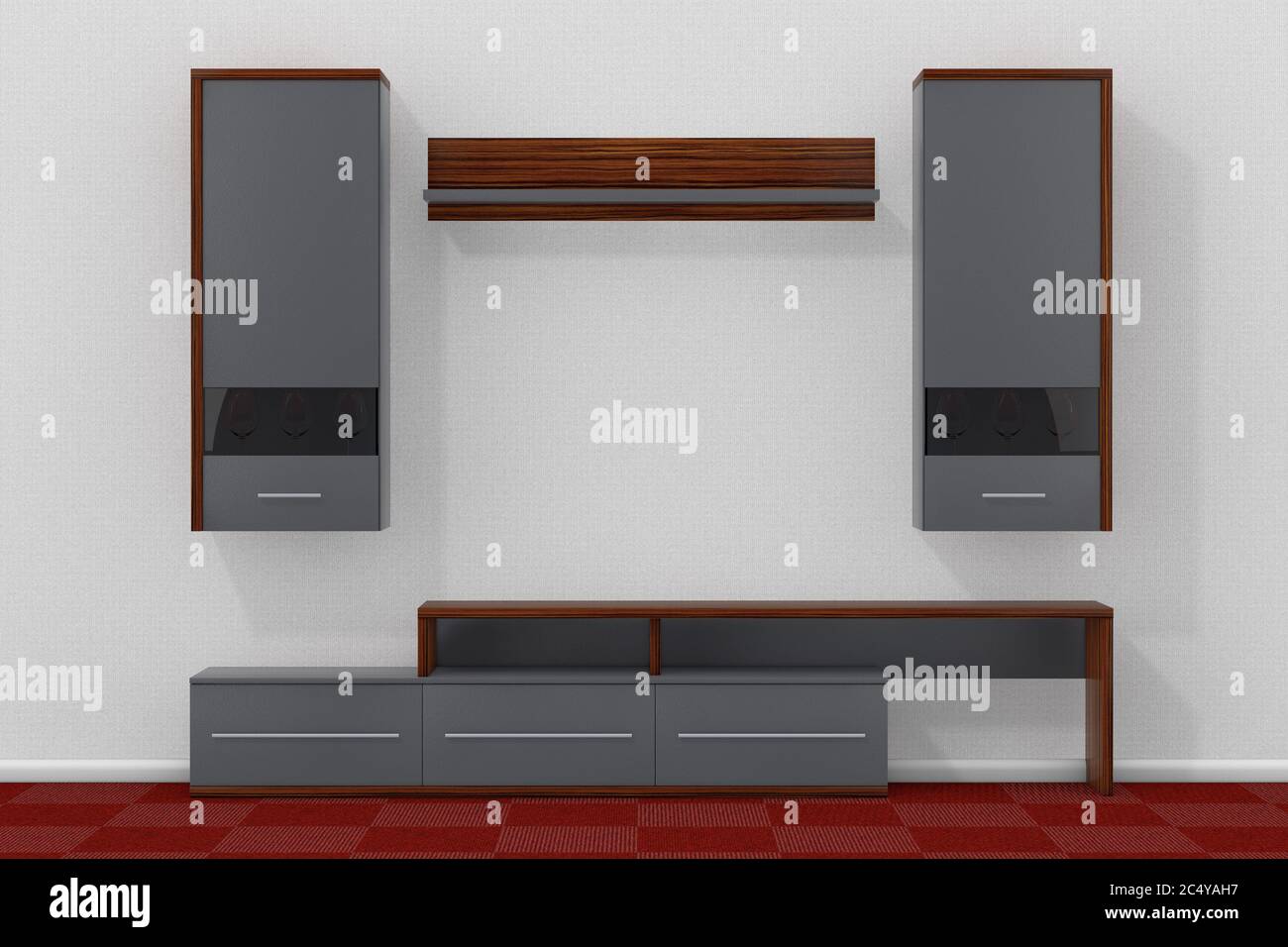 Living Room Wall Unit in front of White Wall extreme closeup. 3d ...