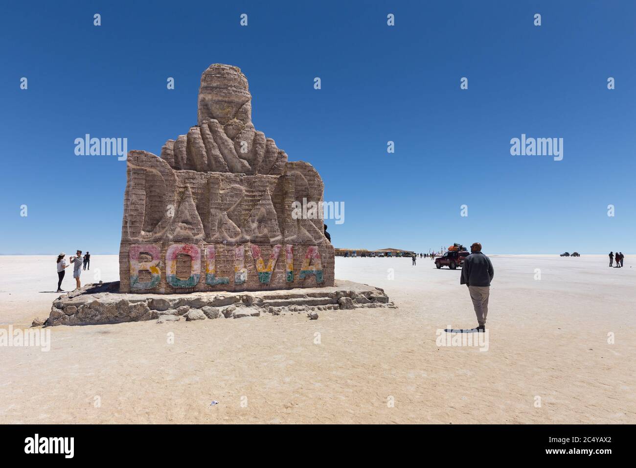 Uyuni, Bolivia - october 01, 2018: People walks near the Dakar Bolivia ...
