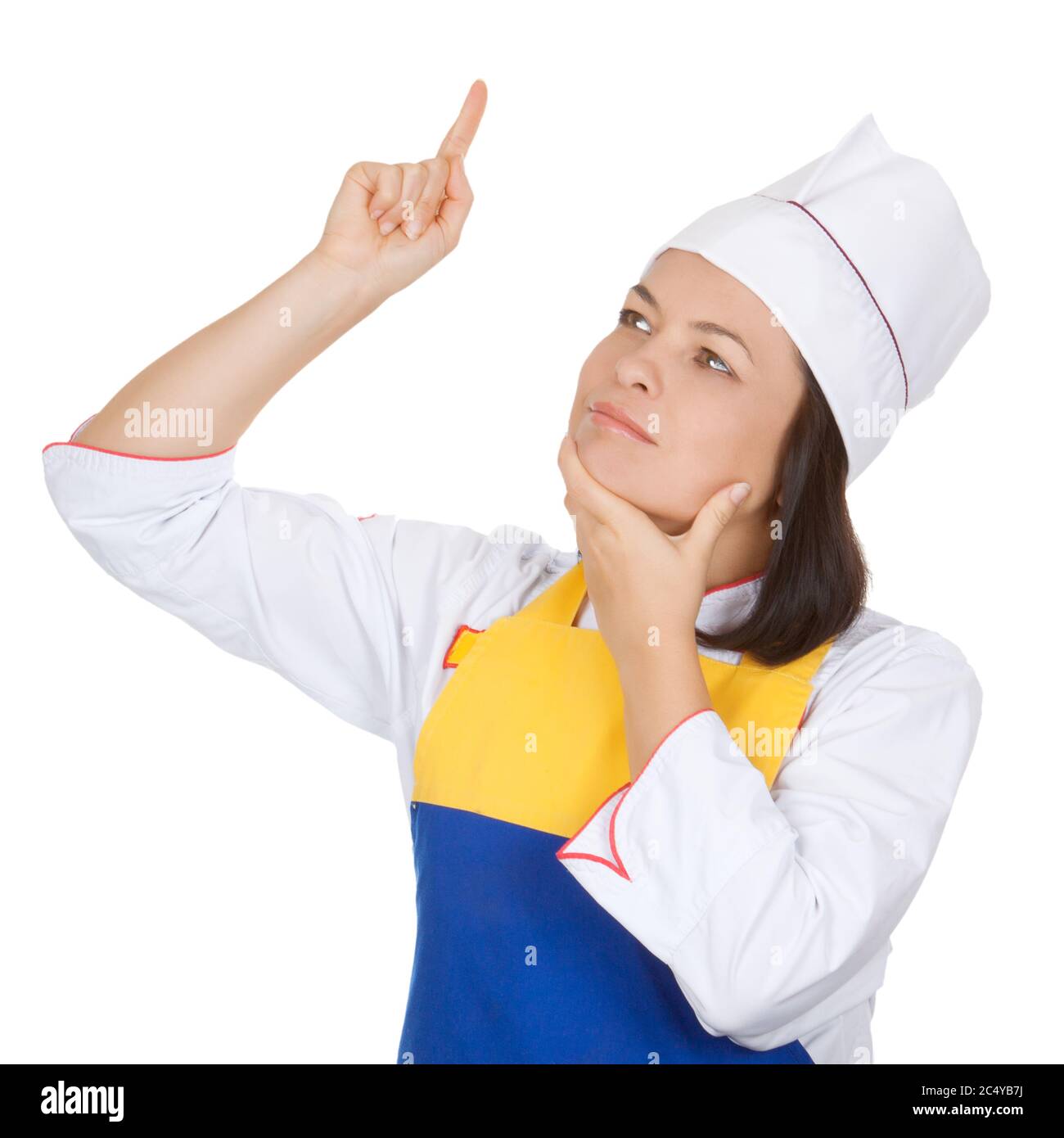 Beautiful Young Woman Chef Thinking About Today Menu on a white ...