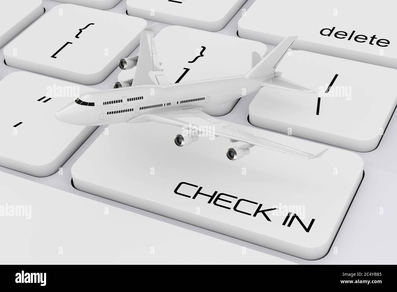 White Jet Passenger's Airplane over Computer Keyboard with Check In ...