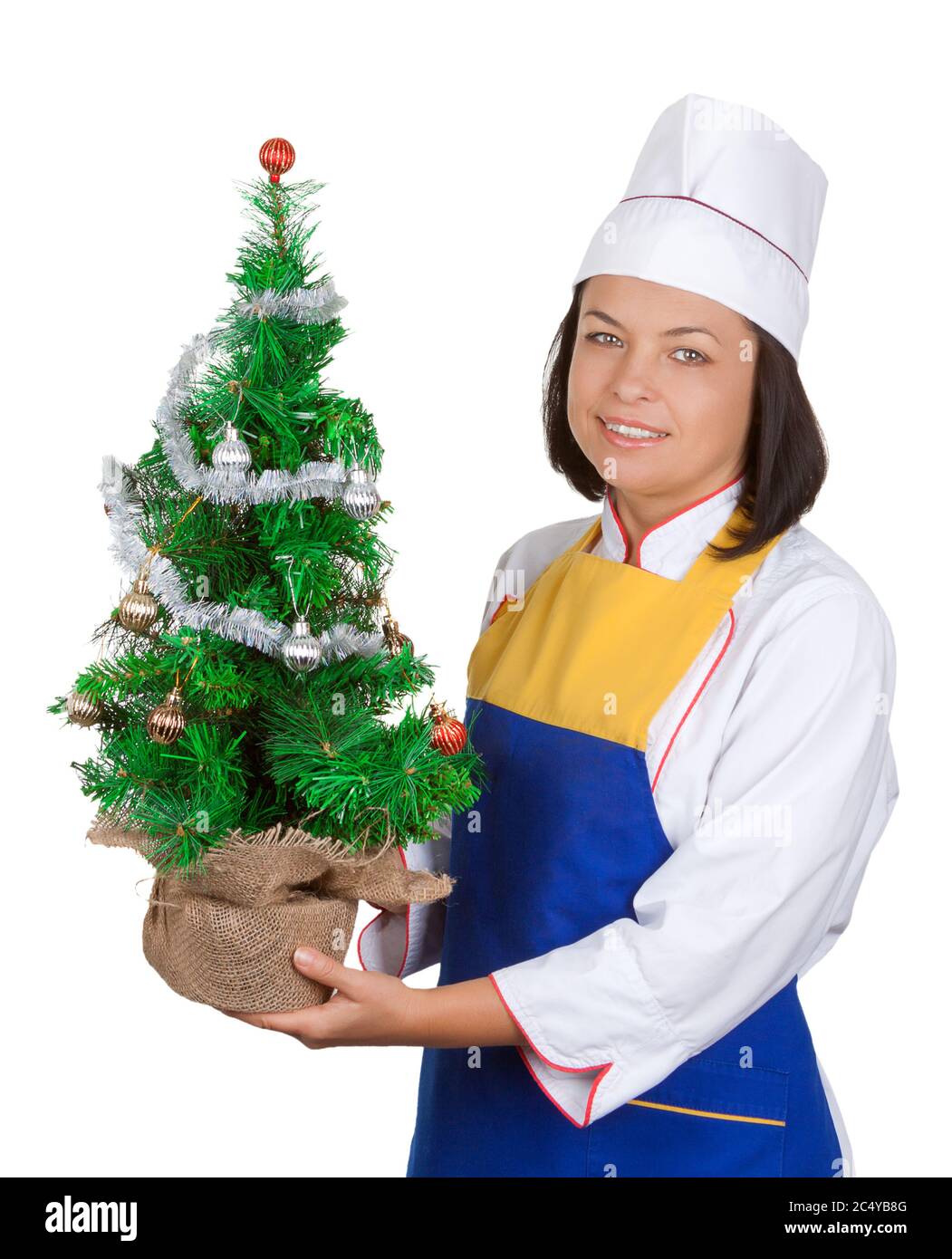 Christmas Concept. Beautiful Young Woman Chef with Decorated Christmas ...