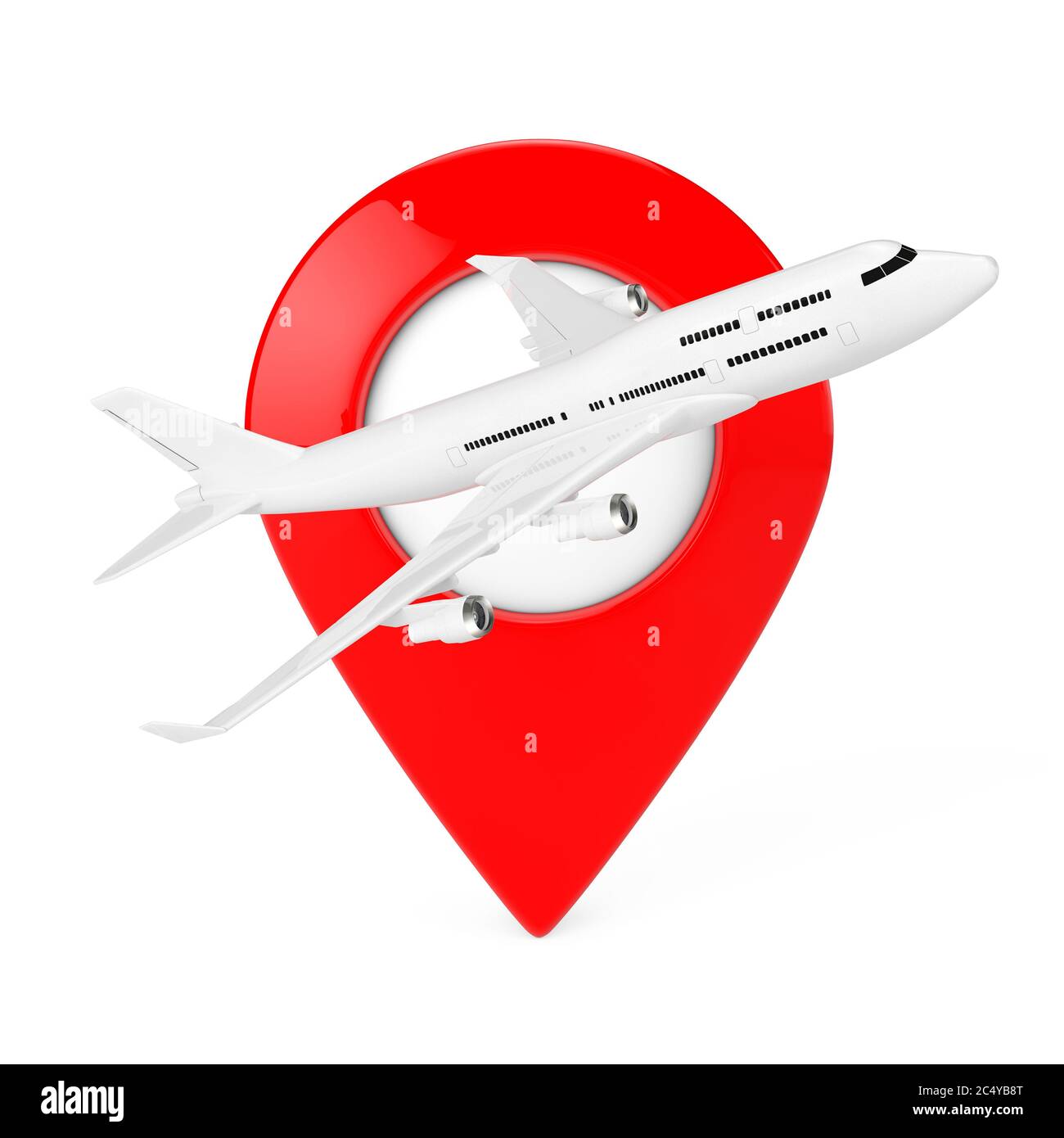 White Jet Passenger's Airplane with Red Map Target Pin on a white ...