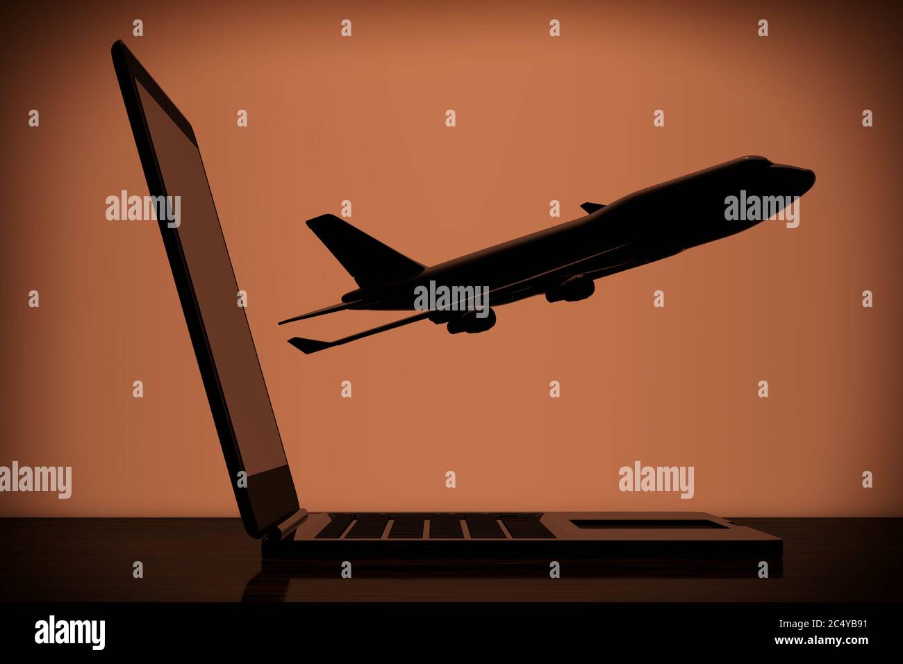 Modern Laptop Computer with Jet Passenger's Airplane Flying out from ...