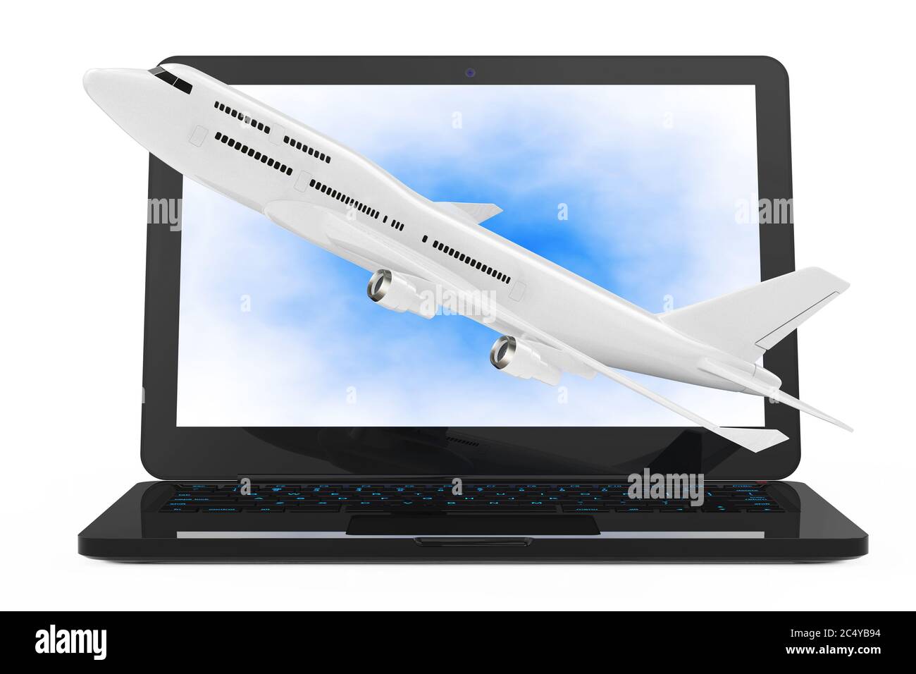 Modern Laptop Computer with White Jet Passenger's Airplane Flying out ...