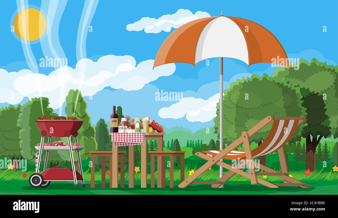 Bbq party or picnic. Table with bottle of wine, vegetables, cheese, can ...