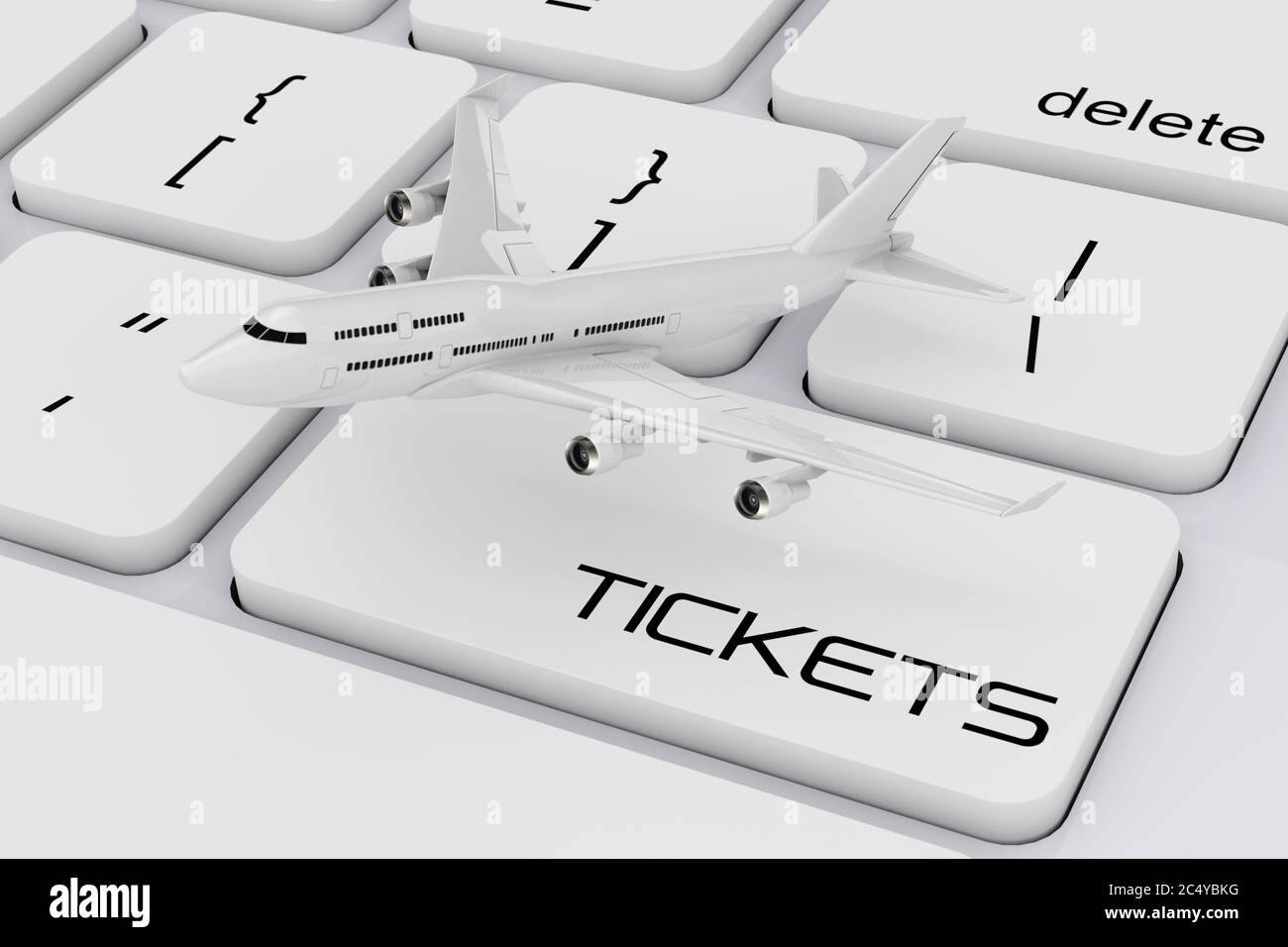 White Jet Passenger's Airplane over Computer Keyboard with Tickets Sign ...