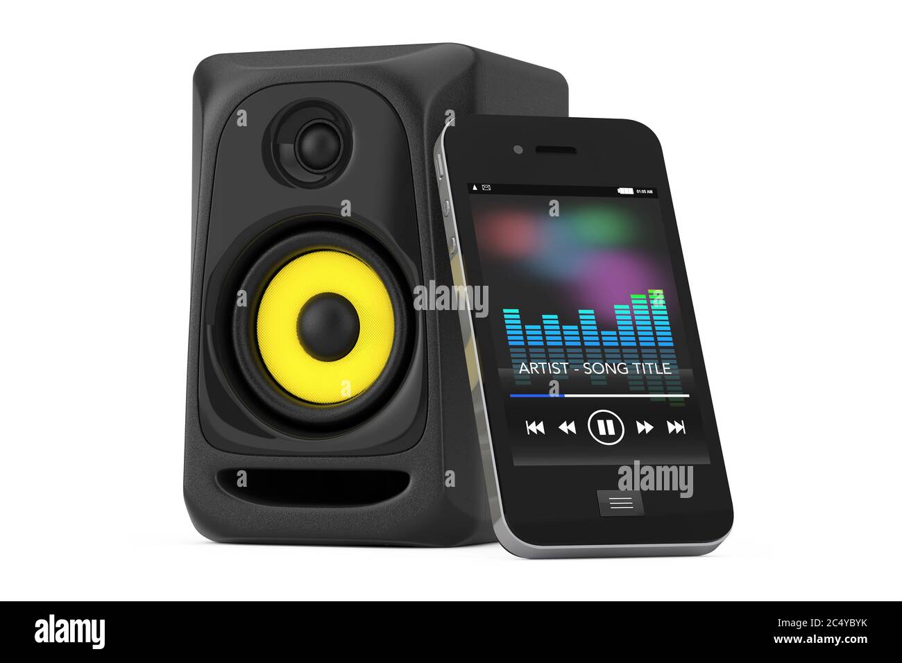 Wireless Audio Acoustic Speaker connected to Mobile Phone on a white ...