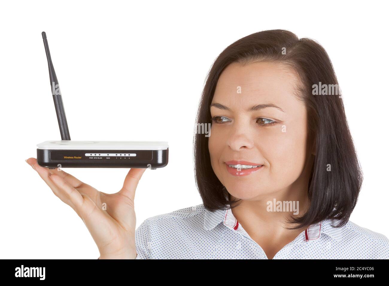 Wireless Modem Router Hardware in Woman Hands on a white background ...