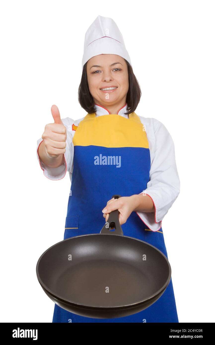 Beautiful Young Woman Chef with Frying Pan in Her Hands on a white ...