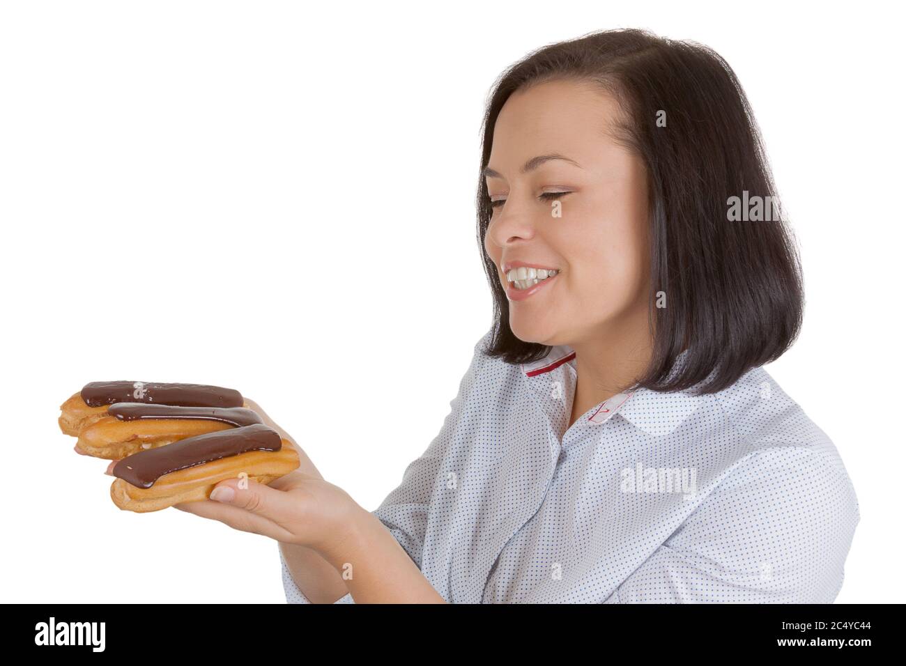 Beautiful Pretty Young Woman with Chocolate Eclair on a white ...