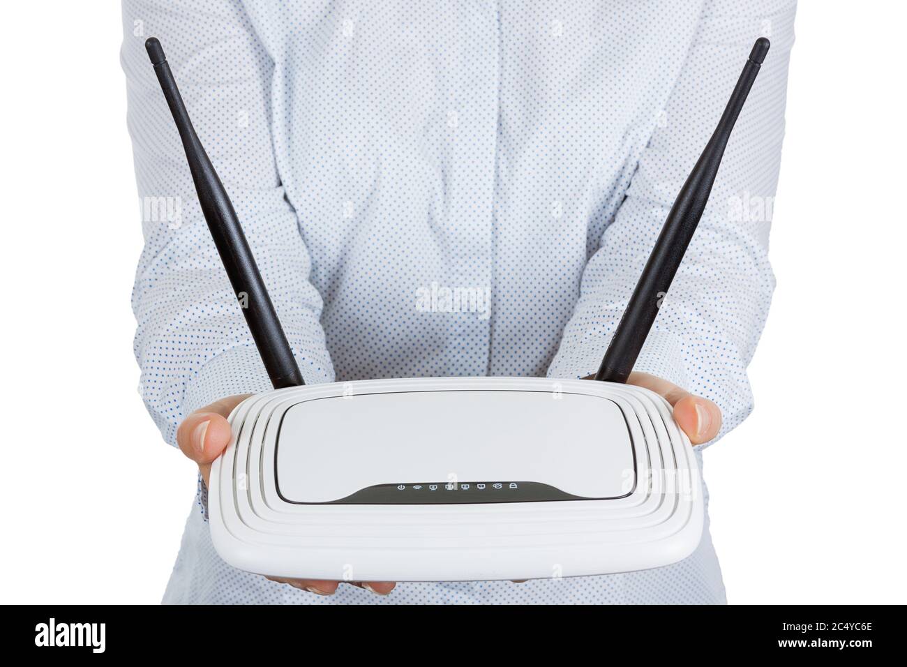 Wireless Modem Router Hardware in Woman Hands on a white background ...