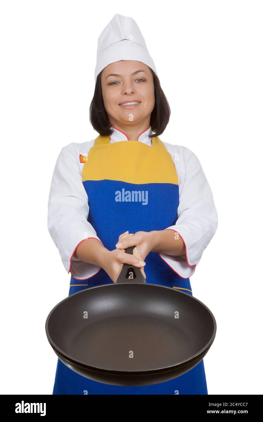 Beautiful Young Woman Chef with Frying Pan in Her Hands on a white ...