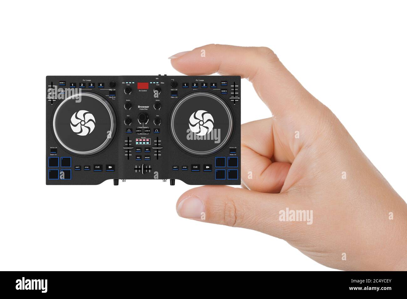 Closeup Woman Hand with Black Modern DJ Set Turntable Mixer Equipment ...