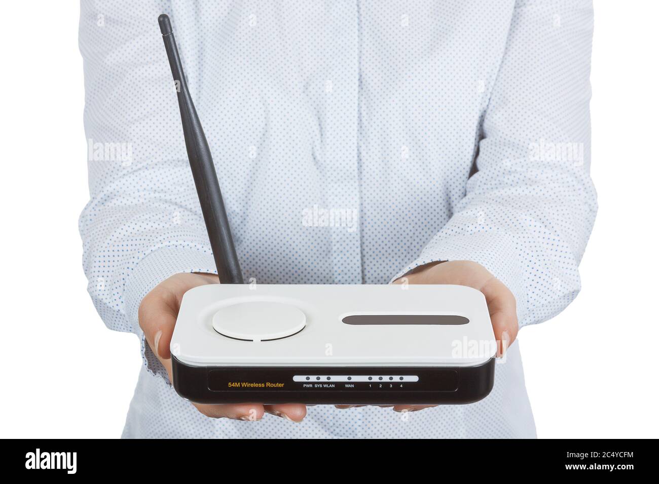 Wireless Modem Router Hardware in Woman Hands on a white background ...