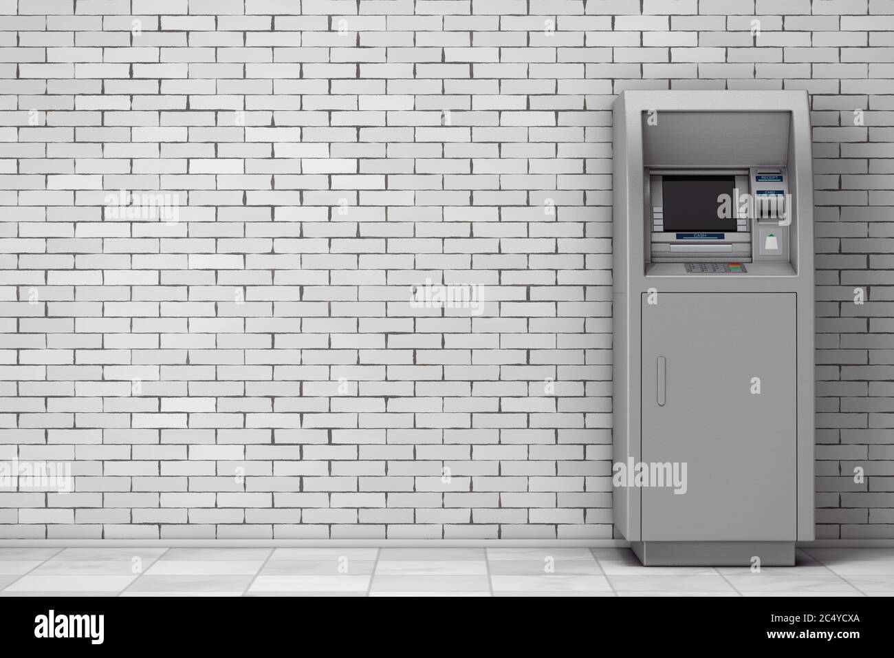 Bank Cash ATM Machine in front of brick wall. 3d Rendering Stock Photo - Alamy