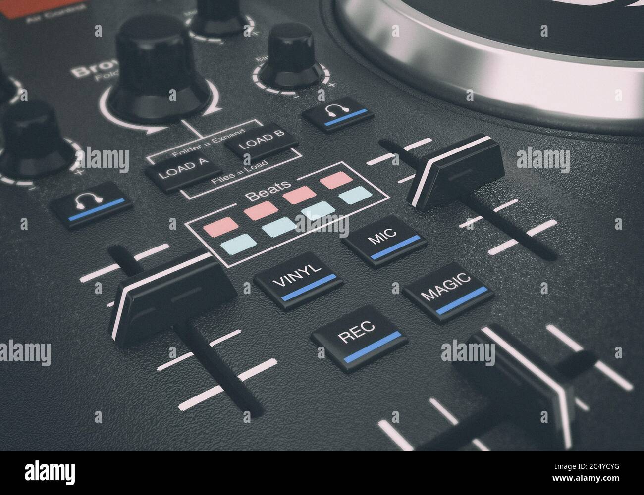 Black Modern DJ Set Turntable Mixer Equipment extreme closeup. 3d ...