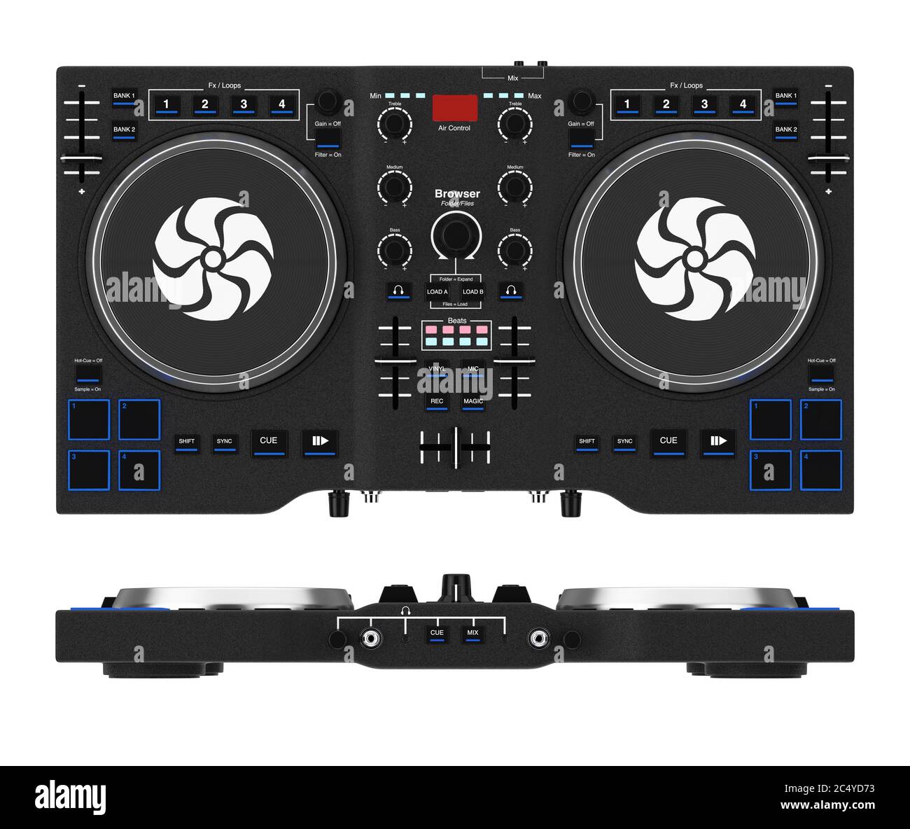 Black Modern DJ Set Turntable Mixer Equipment on a white background. 3d ...