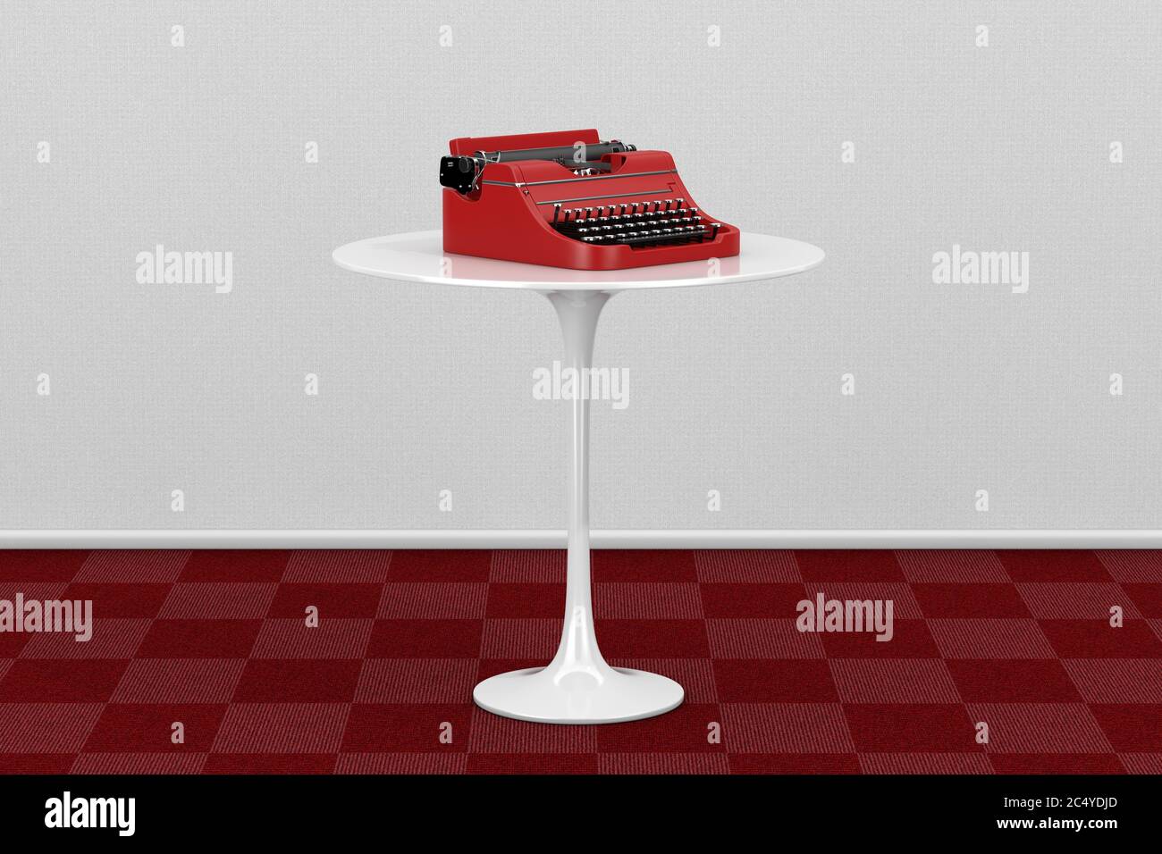 Red Typewriter over White Round Table in Room with Red Carpet Floor and ...