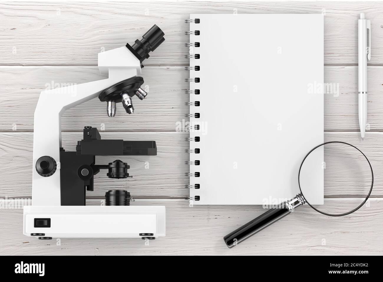 Science or Learning Concept. Microscope, Magnifying Glass and Notebook ...