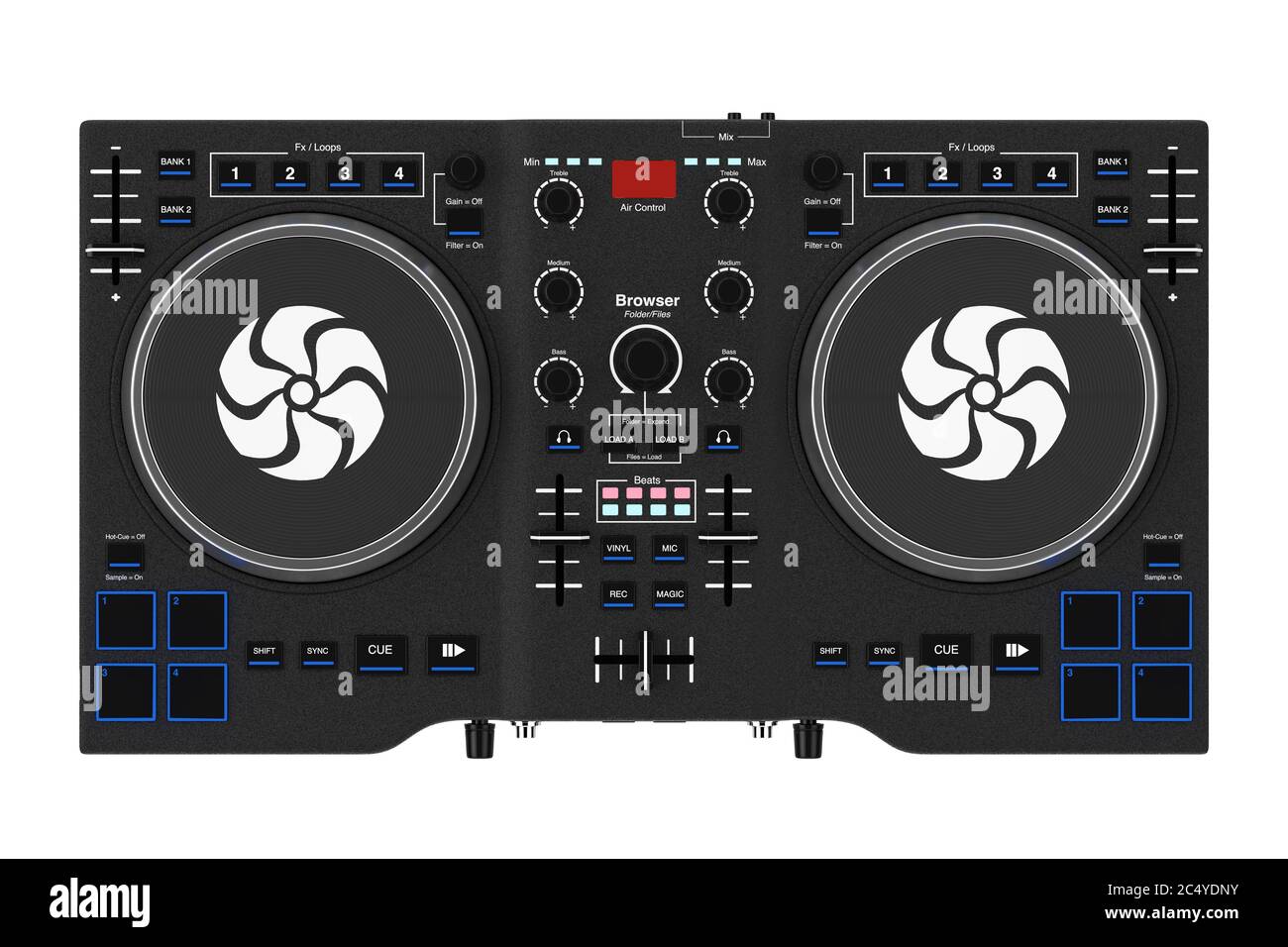Black Modern DJ Set Turntable Mixer Equipment on a white background. 3d ...
