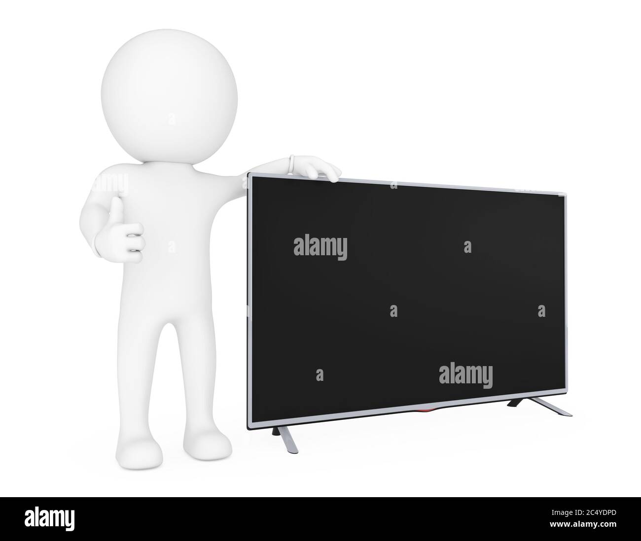 3d Small Person Standing Next to Modern Flat Led or Lcd TV on a white ...
