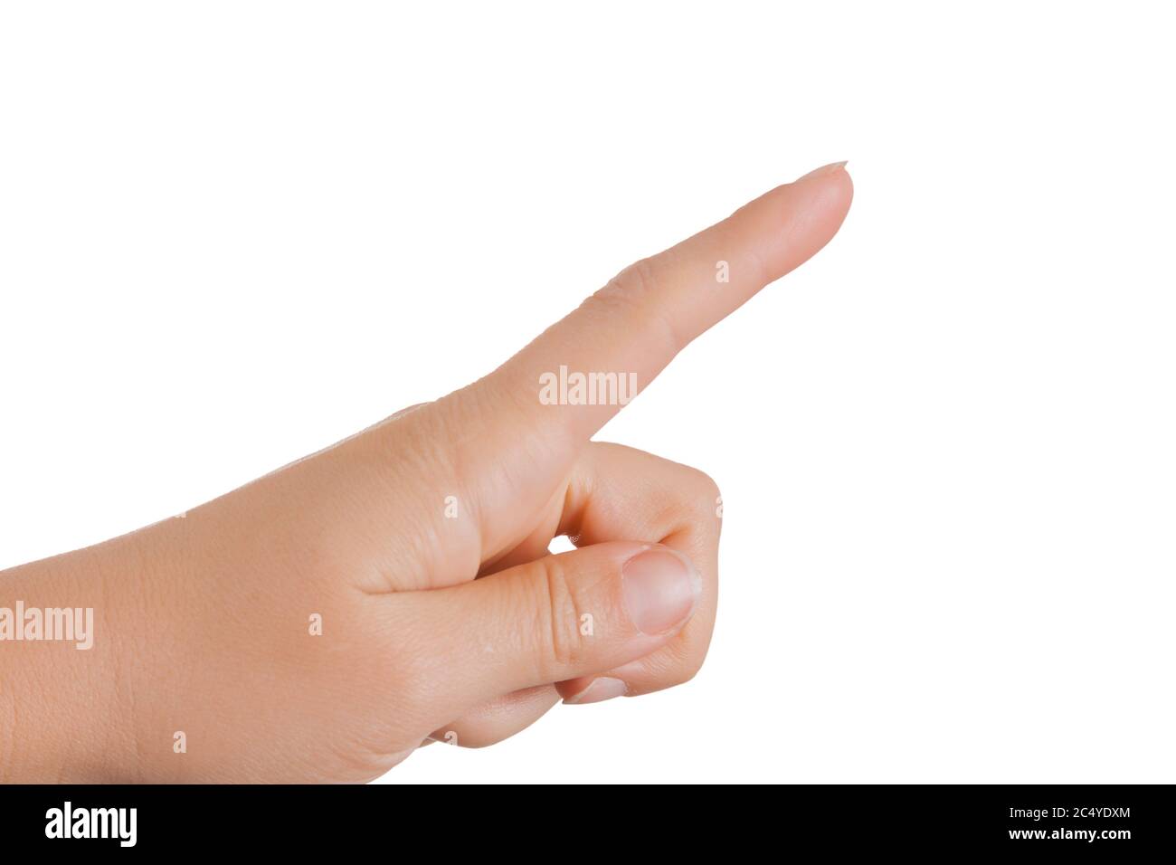 Female Hand Pointing or Simulating Pressing a Button Gesture of an Index Finger on a white ...