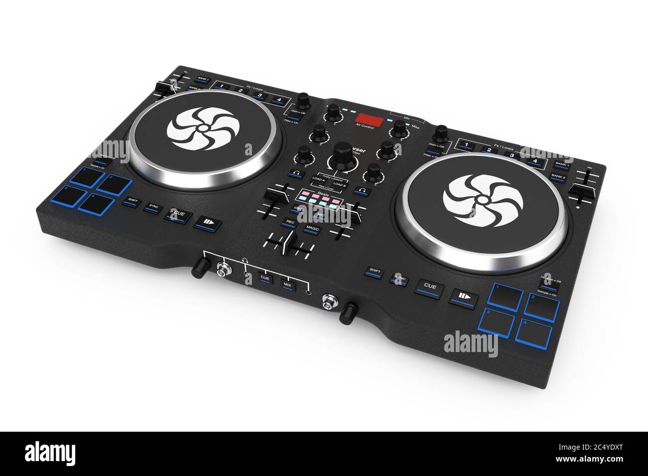 Black Modern DJ Set Turntable Mixer Equipment on a white background. 3d ...