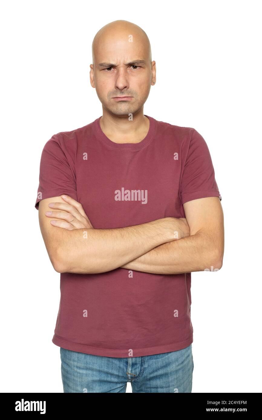 Angry middle aged 40 years old bald man in bad mood. Isolated on white ...