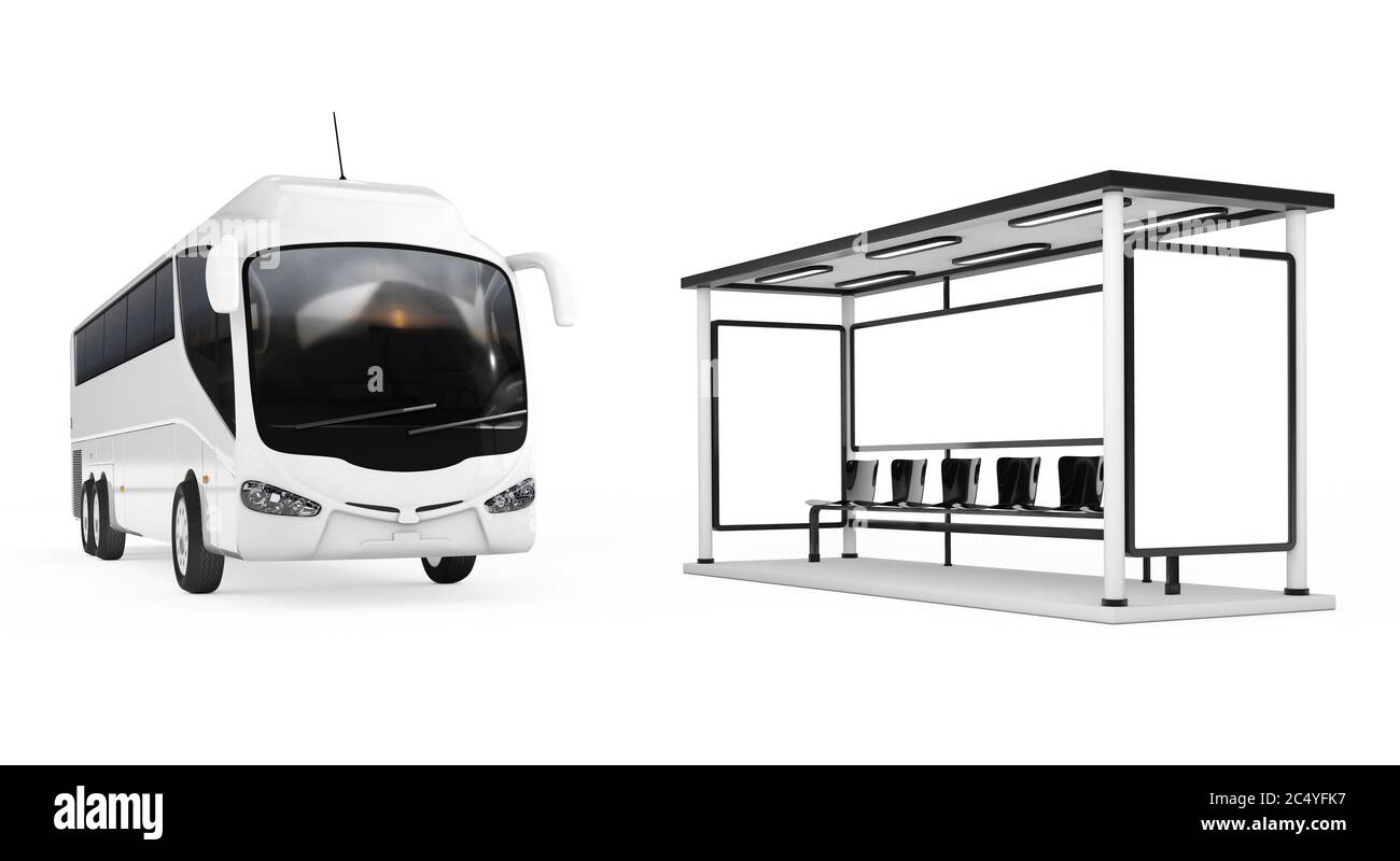 Big White Coach Tour Bus near Bus Station on a white background. 3d ...