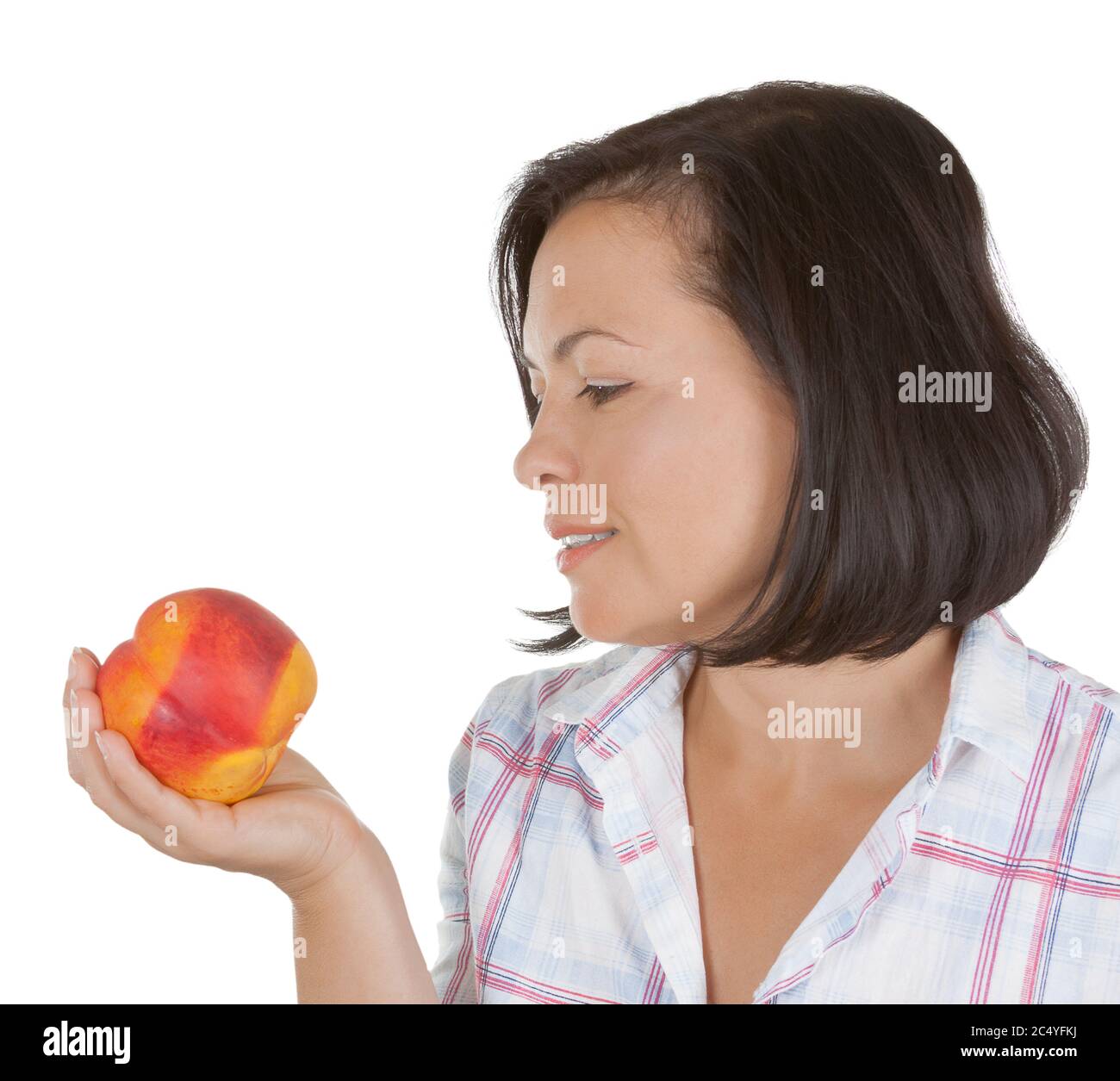 Happy Beautiful Woman with Fresh Peach on a white background Stock ...