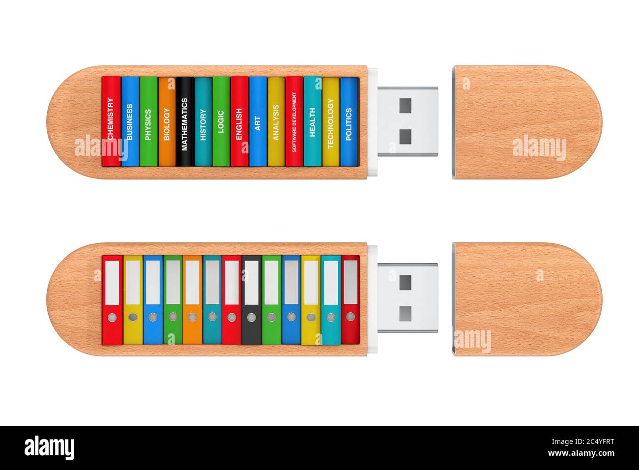 School Books and Colorful Office Folders in USB Flash Drives on a white ...