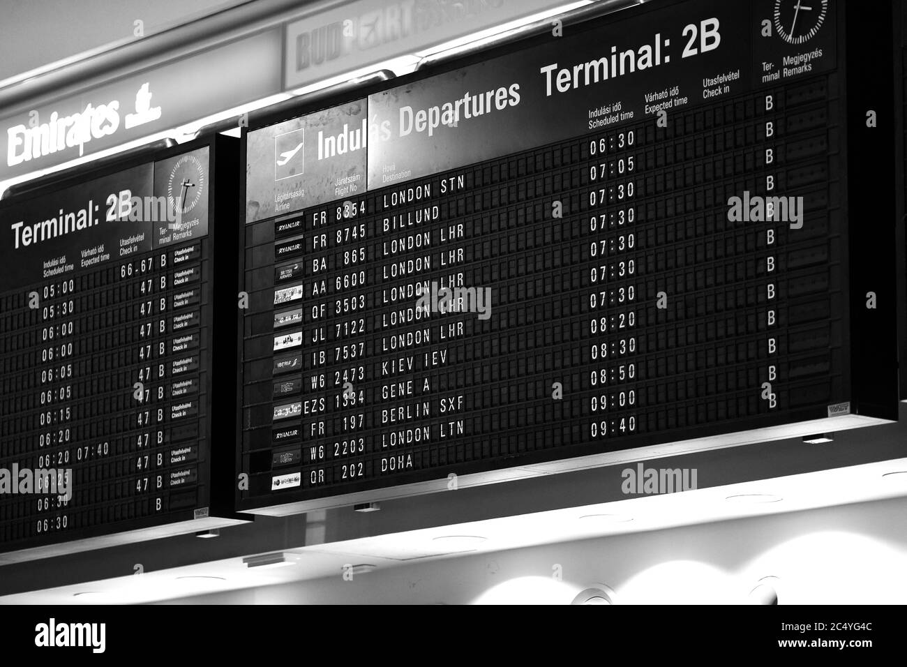 Departures board at the airport. Flight information mechanical ...
