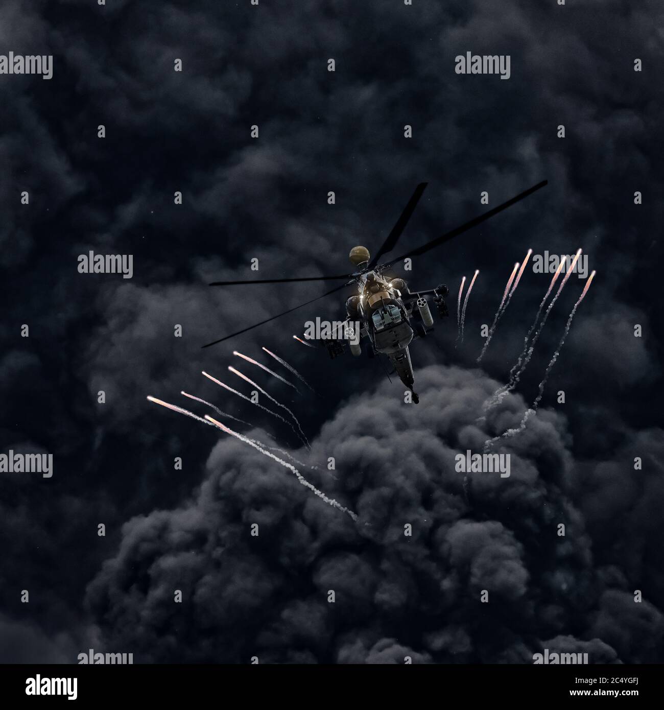 Attack helicopter shooting of heat traps Stock Photo - Alamy