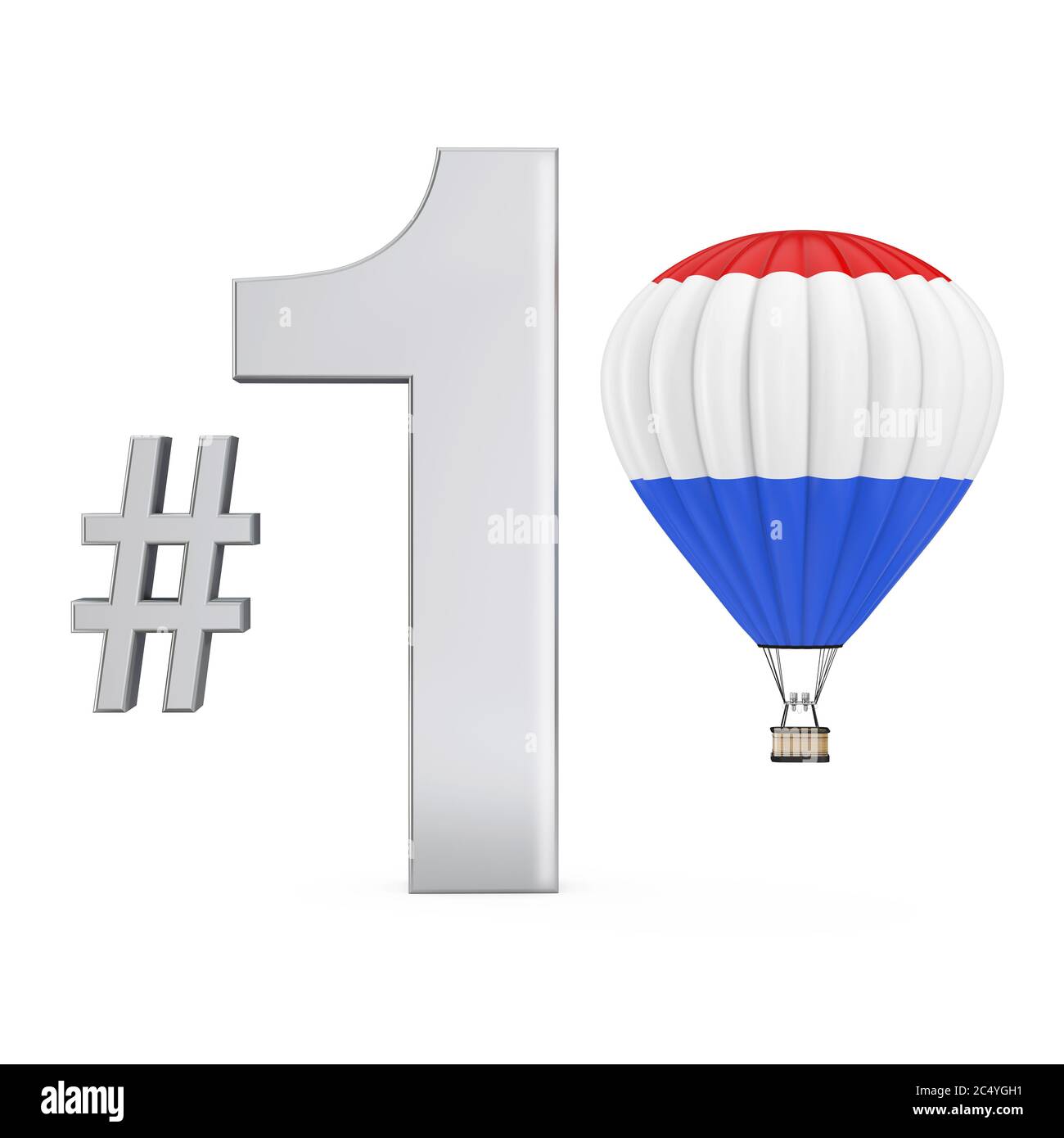 Hot Air Balloon near Chrome Number One Sign on a white background. 3d ...