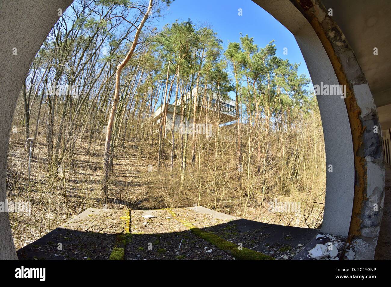 Abandoned and destroyed building. Ruin, danger and danger. Summer day ...