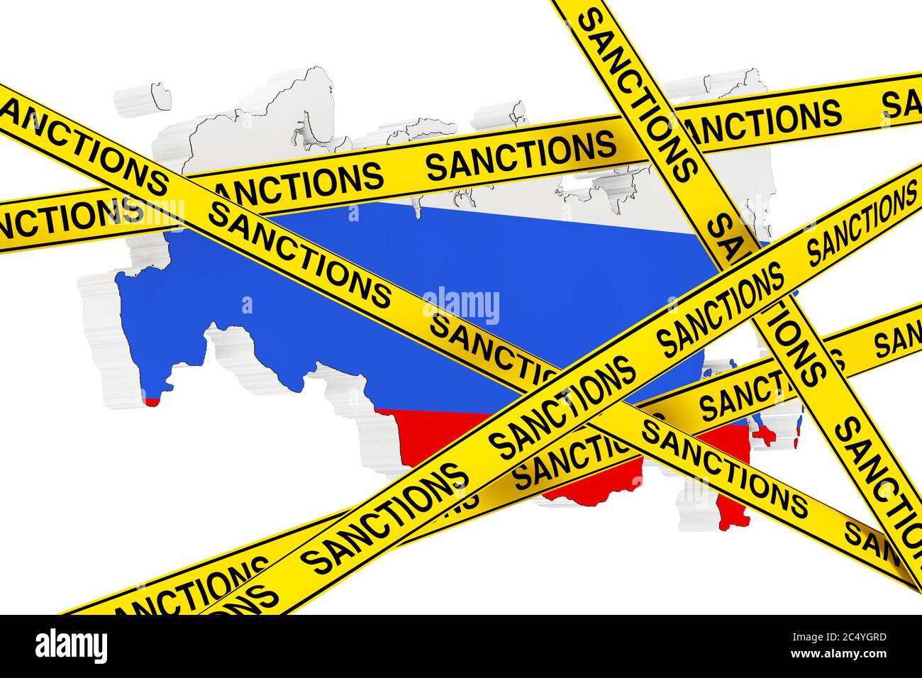 Russia Sanctions Concept. Yellow Tape with Sanctions Sign Against of ...