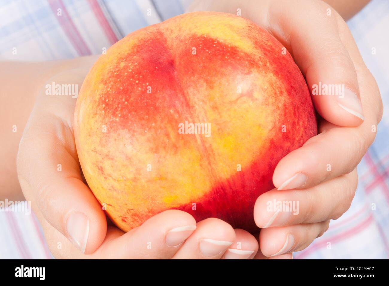 Peach Fruit in Woman Hands extreme closeup Stock Photo - Alamy
