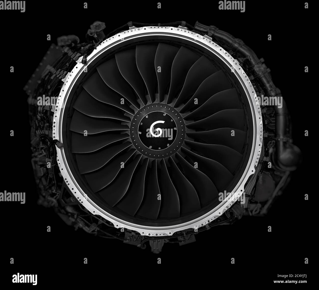 Jet engine front view isolated on black background. Close up of ...