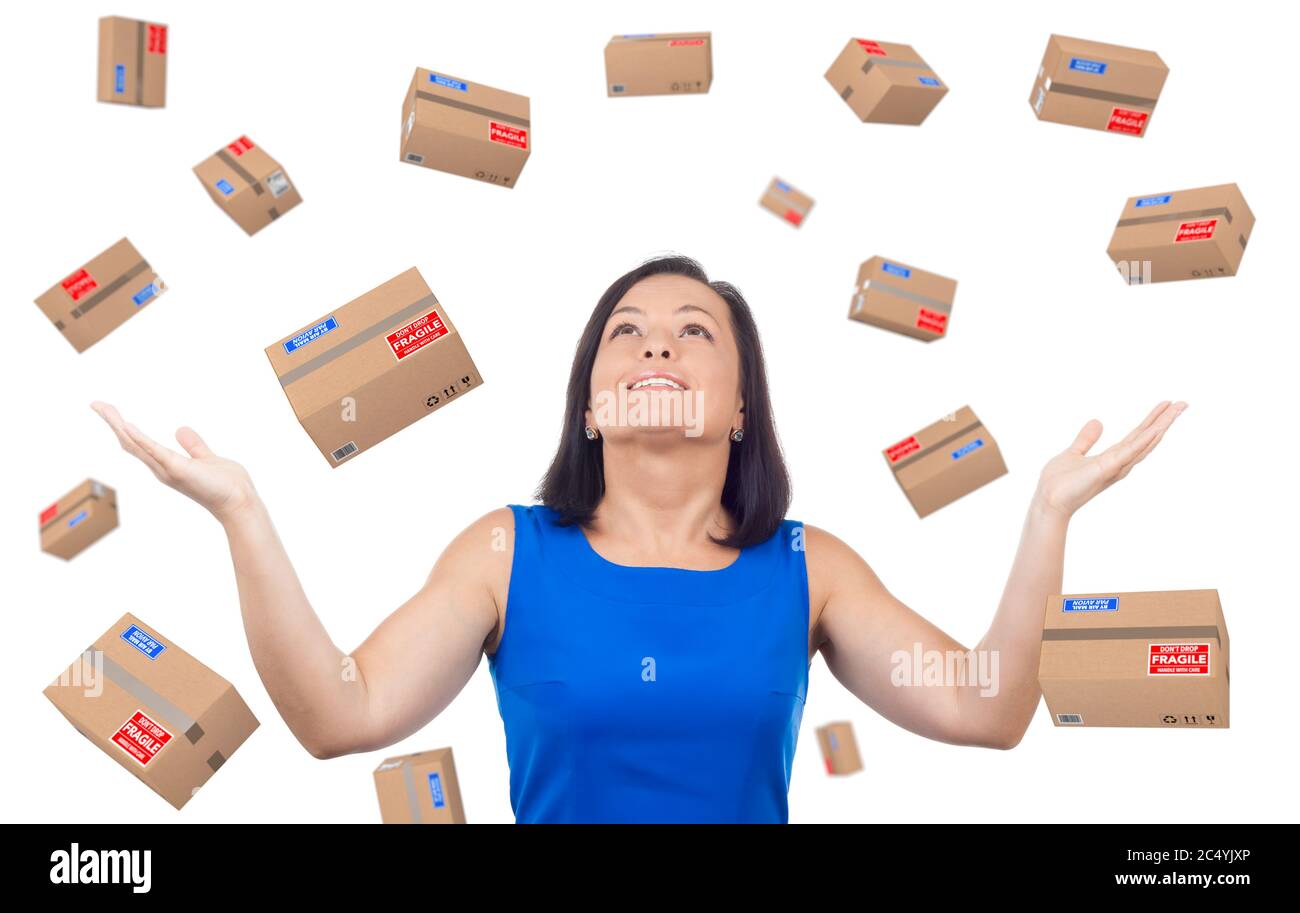 Portrait of Happy Woman Celebrates Success under a Cardboard Boxes with ...