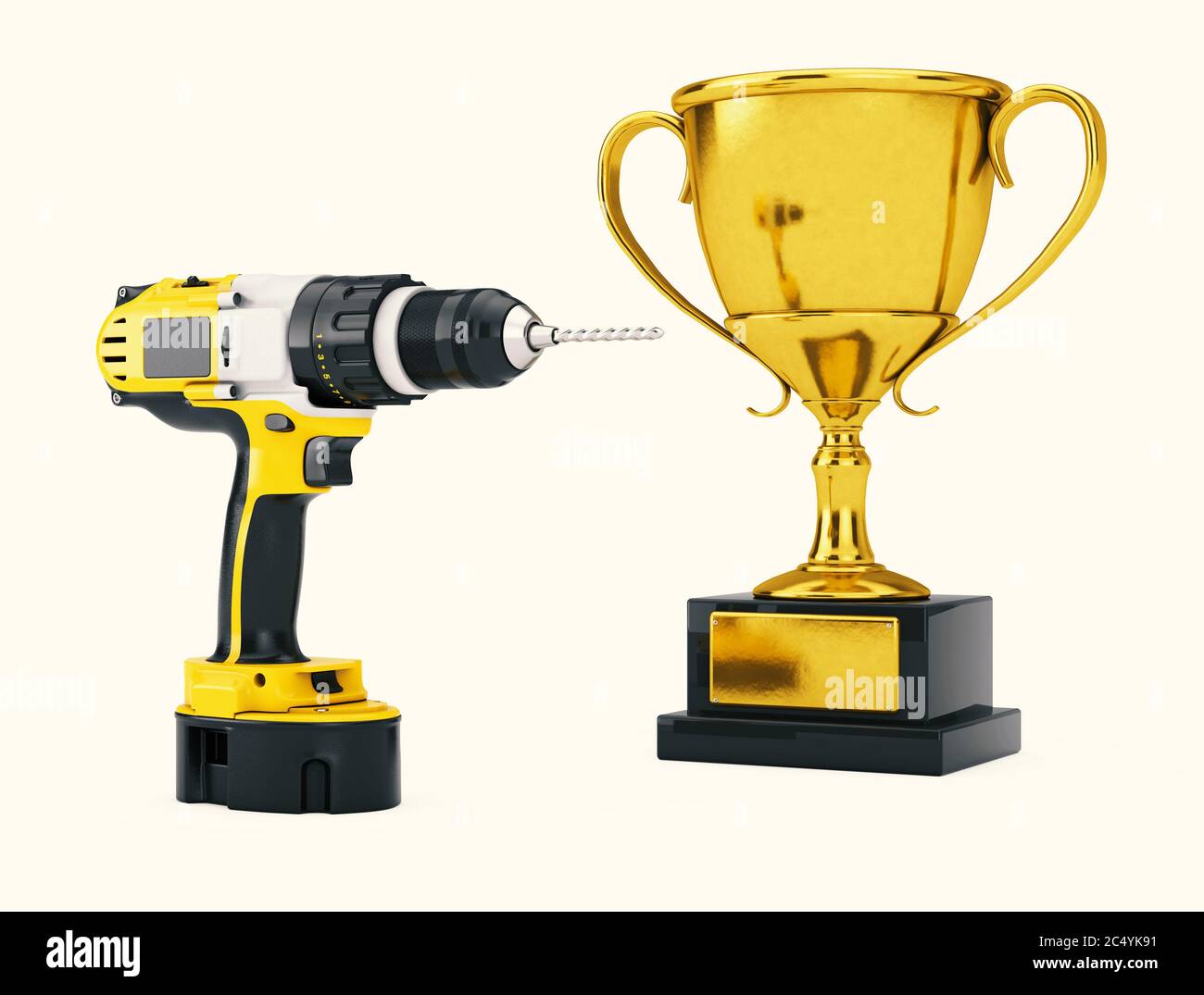 Yellow Rechargeable and Cordless Drill with Golden Trophy on a white ...
