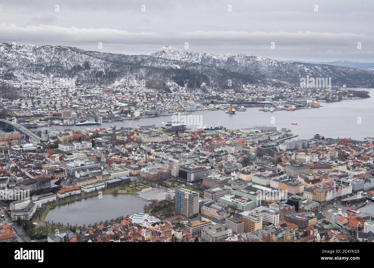 Bergen, Bryggen / Norway - February 12th 2020: A general aerial view of ...