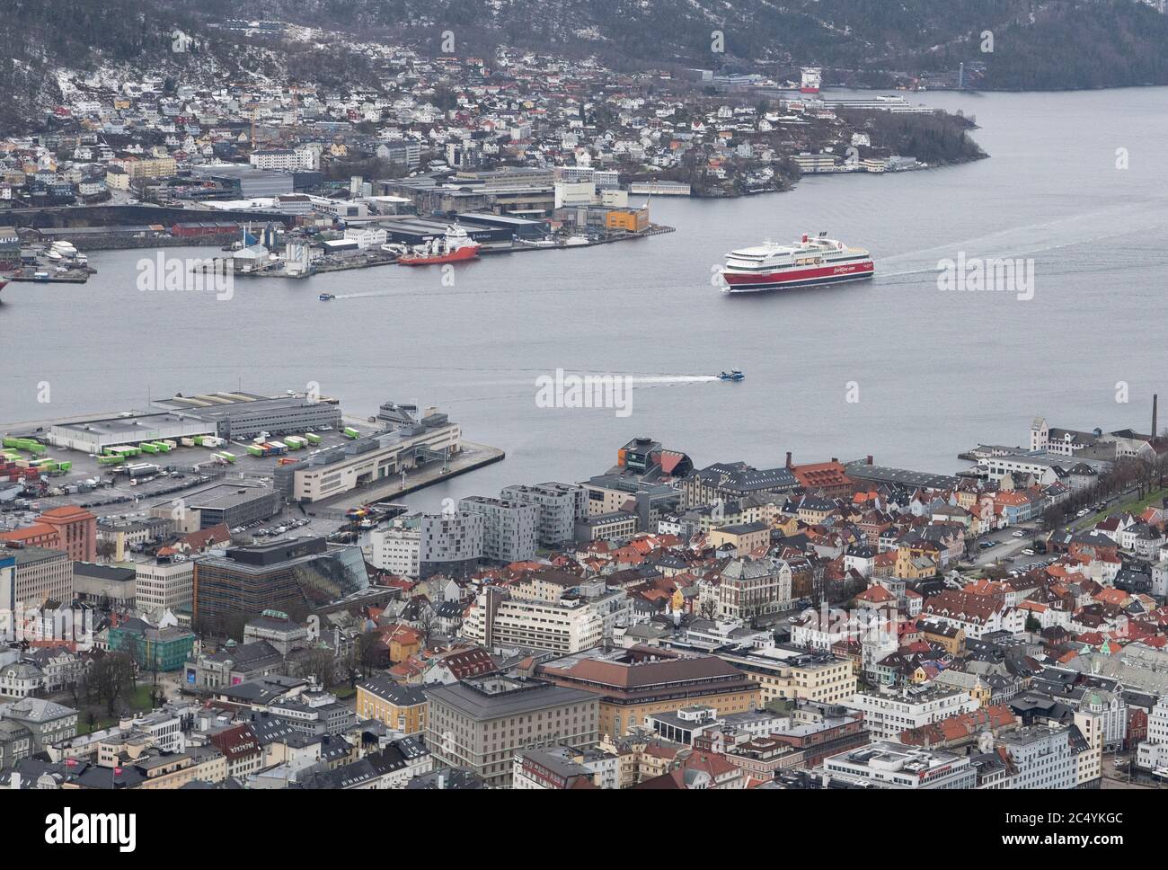Bergen, Bryggen / Norway - February 12th 2020: A general aerial view of ...