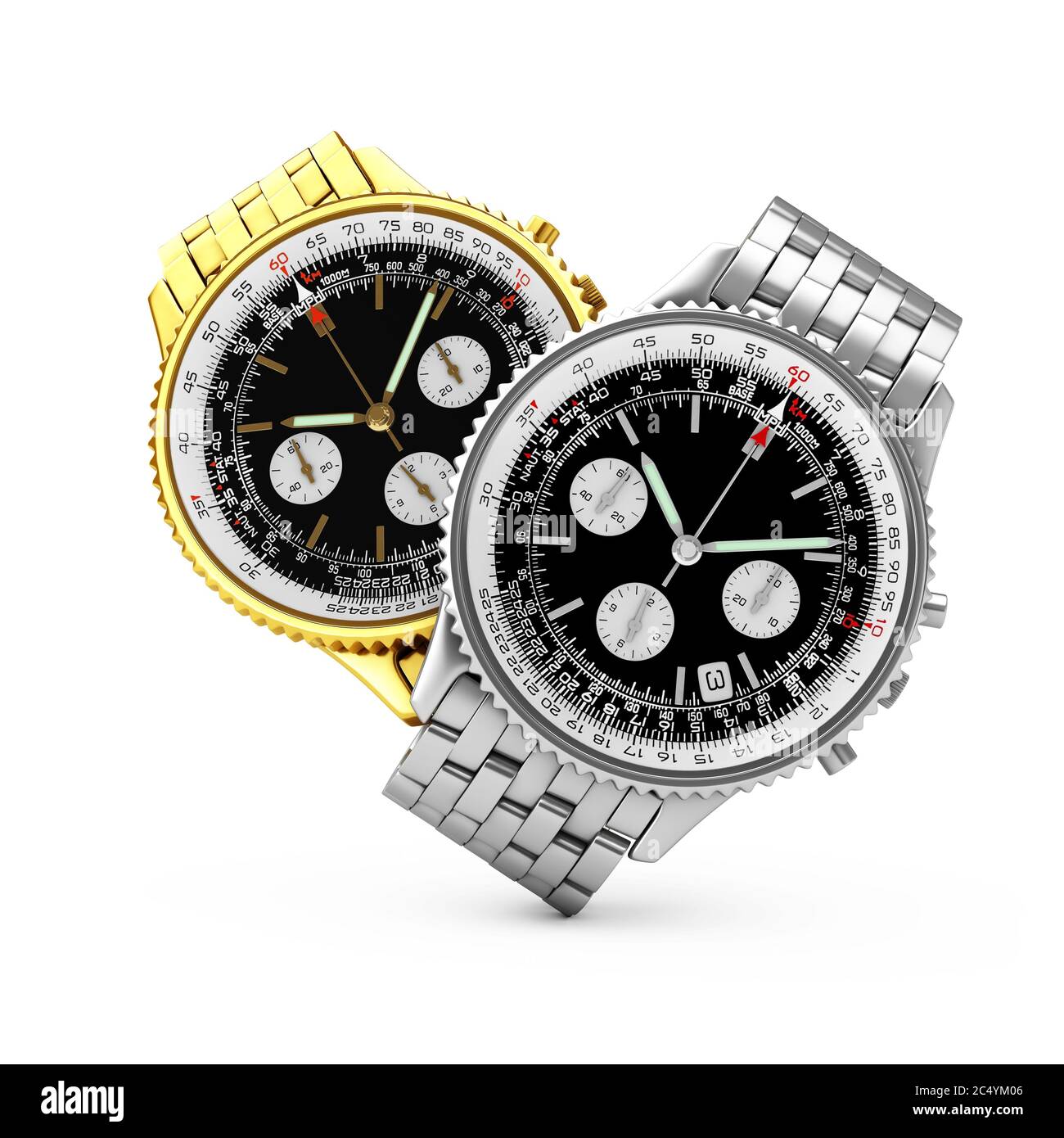 Luxury Classic Analog Men's Wrist Golden and Silver Watches on a white ...