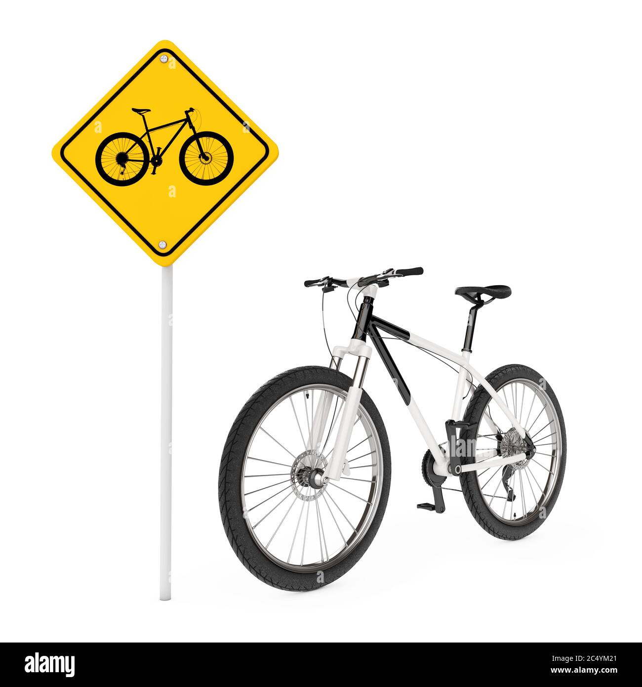 Black and White Mountain Bike near Bicycle Traffic Warning Sign on a ...